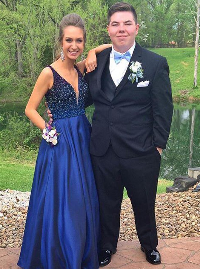 Prom Dresses, V-neck Prom Dresses, Beading Prom Dresses, Satin Prom ...